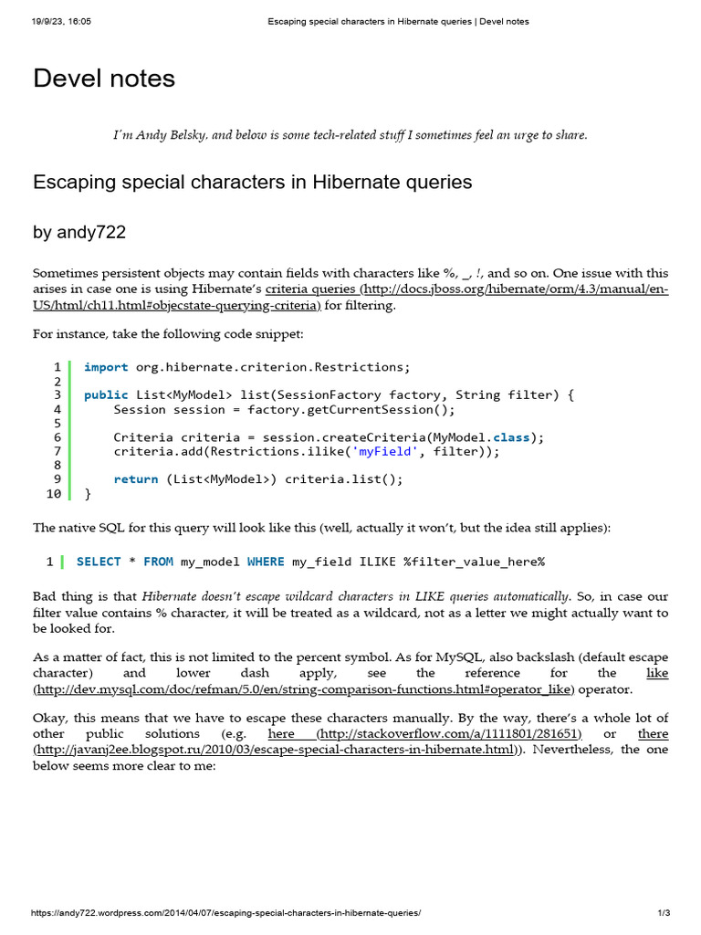 Escaping Special Characters in Hibernate Queries - Devel Notes | PDF Escaping Special Characters in Hibernate Queries - Devel Notes | PDF