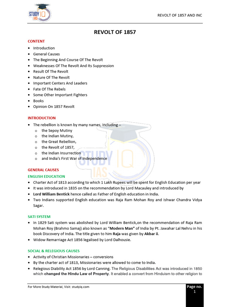 L1 - Revolt of 1857 and INC Sessions | PDF | Indian Rebellion Of 1857 ...