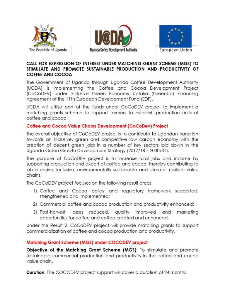 Expression of Interest (EOI) For Matching Grant Scheme Under CoCoDEV | PDF | Cocoa Bean | Coffee