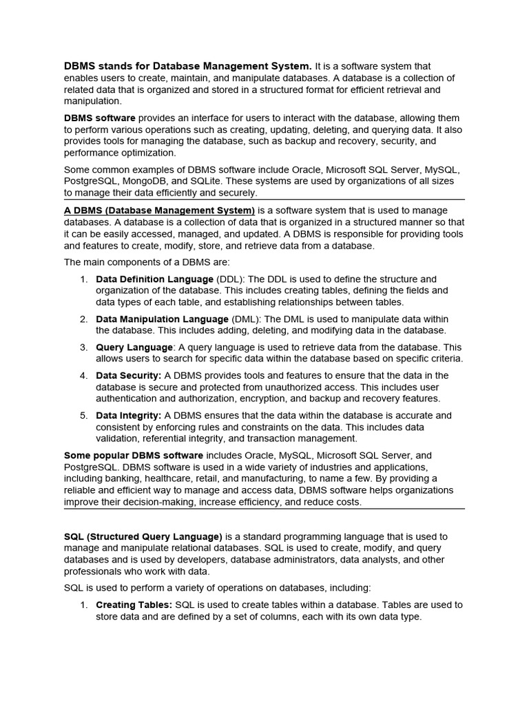 DBMS Stands For Database Management System | PDF