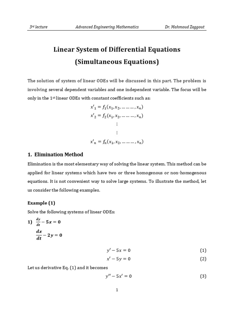Linear System of Differential Equations SC | PDF