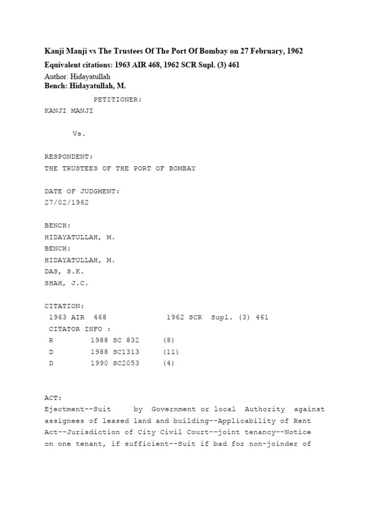 Kanji Manji v. Port of Bombay Ejectment Case | PDF | Lease | Leasehold ...