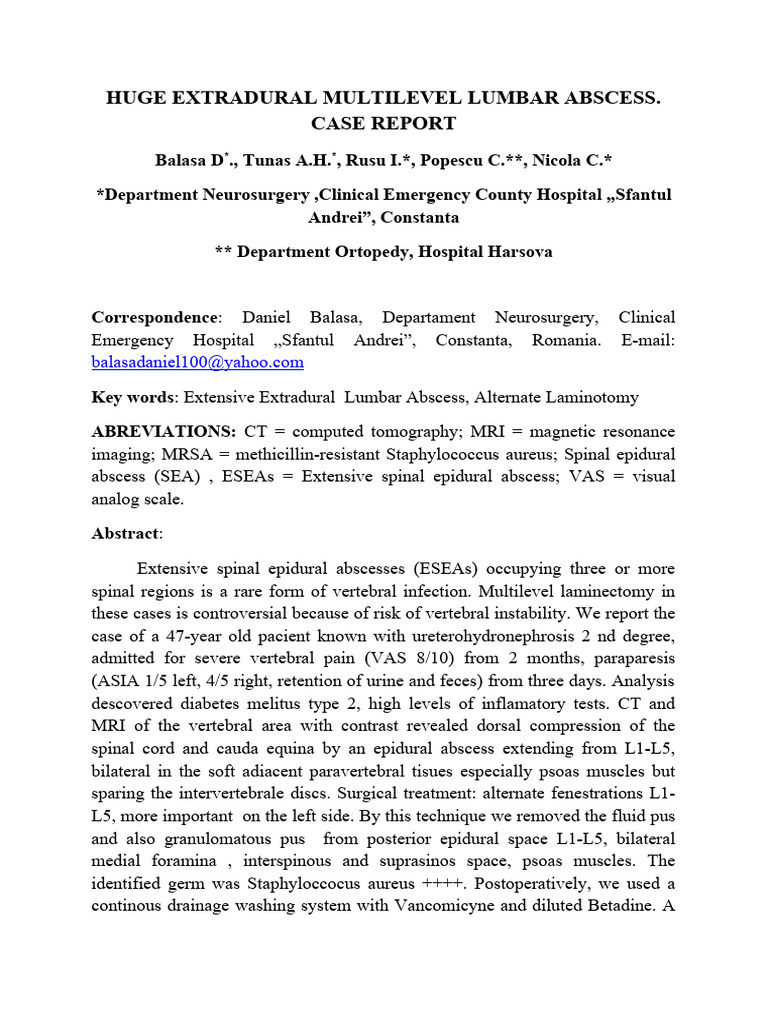 Huge Extradural Multilevel Lumbar Abscess. Case Report | PDF ...