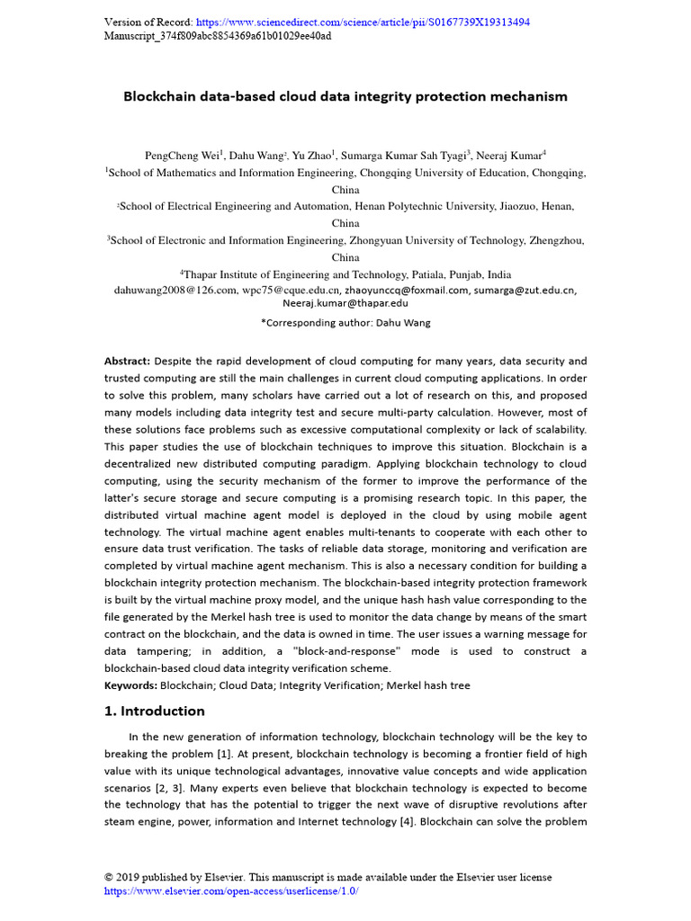 C-192 Blockchain Data-Based Cloud Data Integrity Protection Mechanism | PDF | Cloud Computing ...