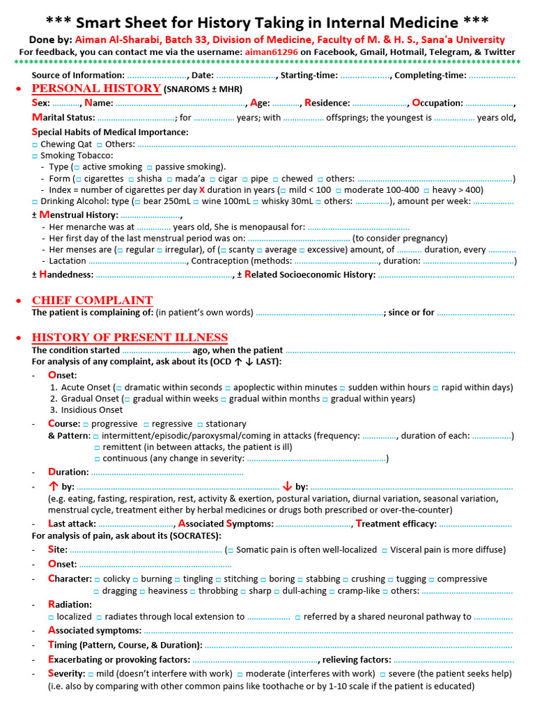 Smart Sheet For History Taking in Internal Medicine 11092 | PDF