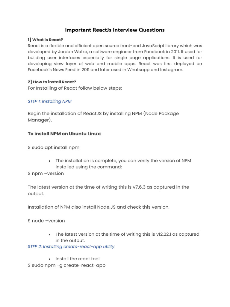 Important ReactJs Interview Questions | PDF | Document Object Model | Java Script