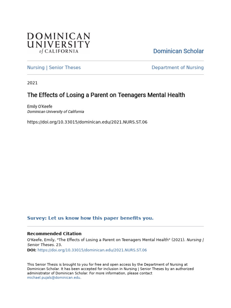 The Effects of Losing A Parent On Teenagers Mental Health | PDF | Grief ...
