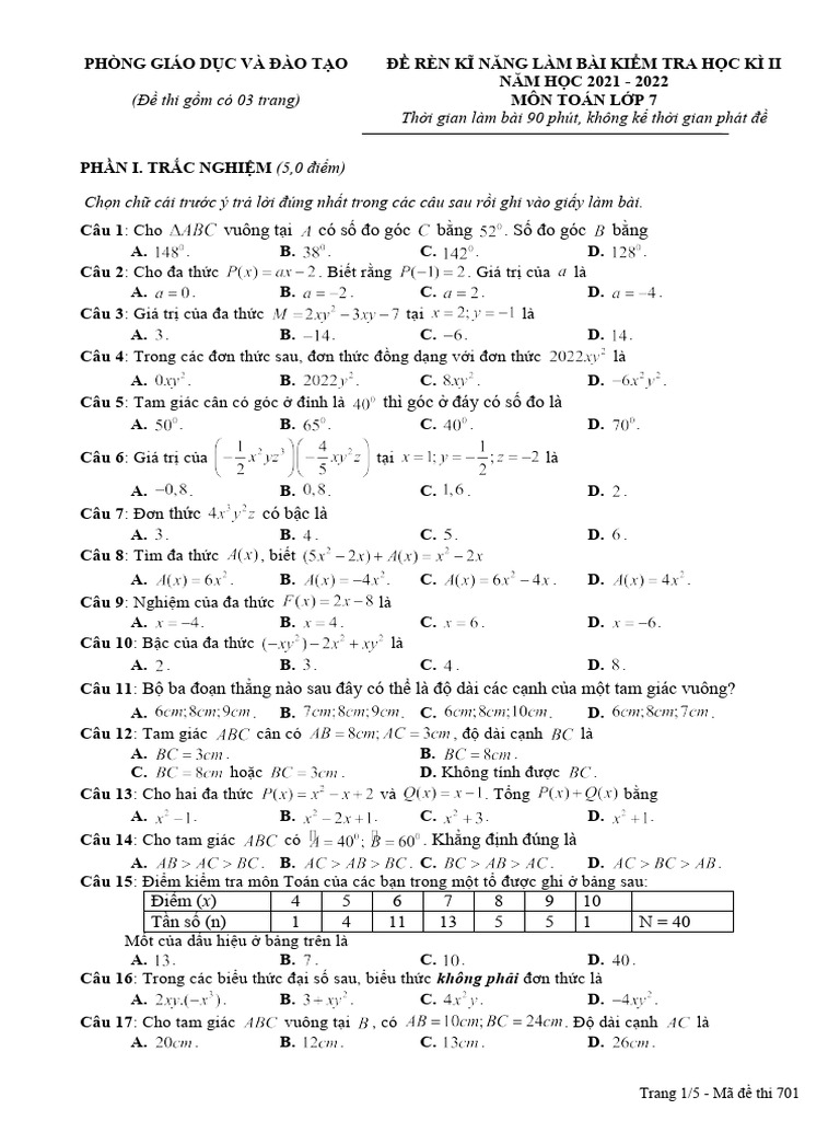 Toan Hoc 7 de Ktra Giua HK2 | PDF
