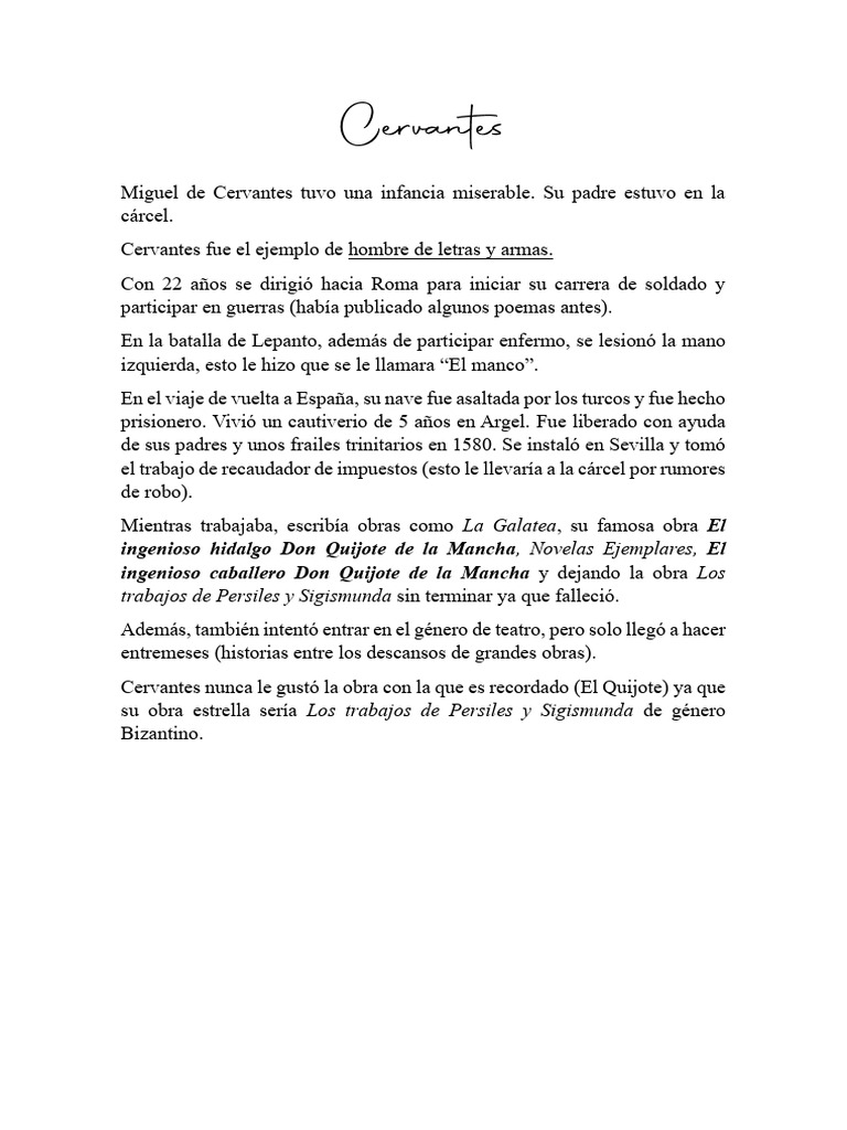 Vida y obra de Miguel de Cervantes | PDF | Miguel De Cervantes | Don ...