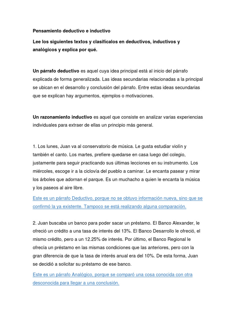 Ejercicio Pensamiento Deductivo e Inductivo | PDF | Razonamiento deductivo | Razonamiento inductivo