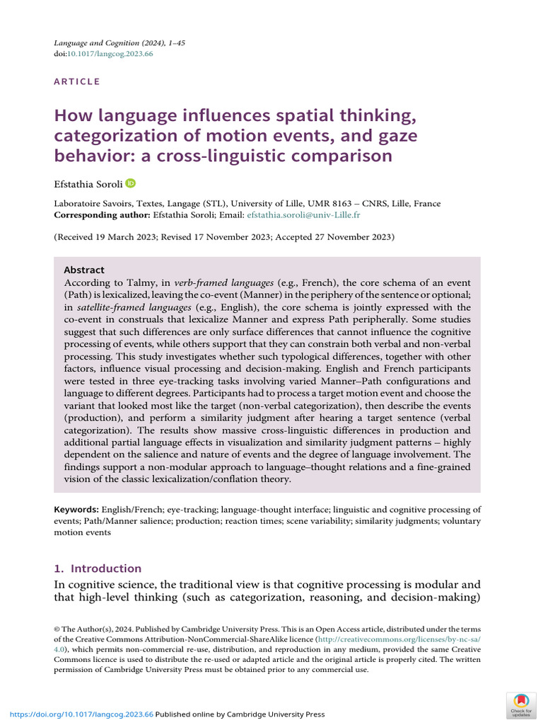 How Language Influences Spatial Thinking Categorization Of Motion Events And Gaze Behavior A