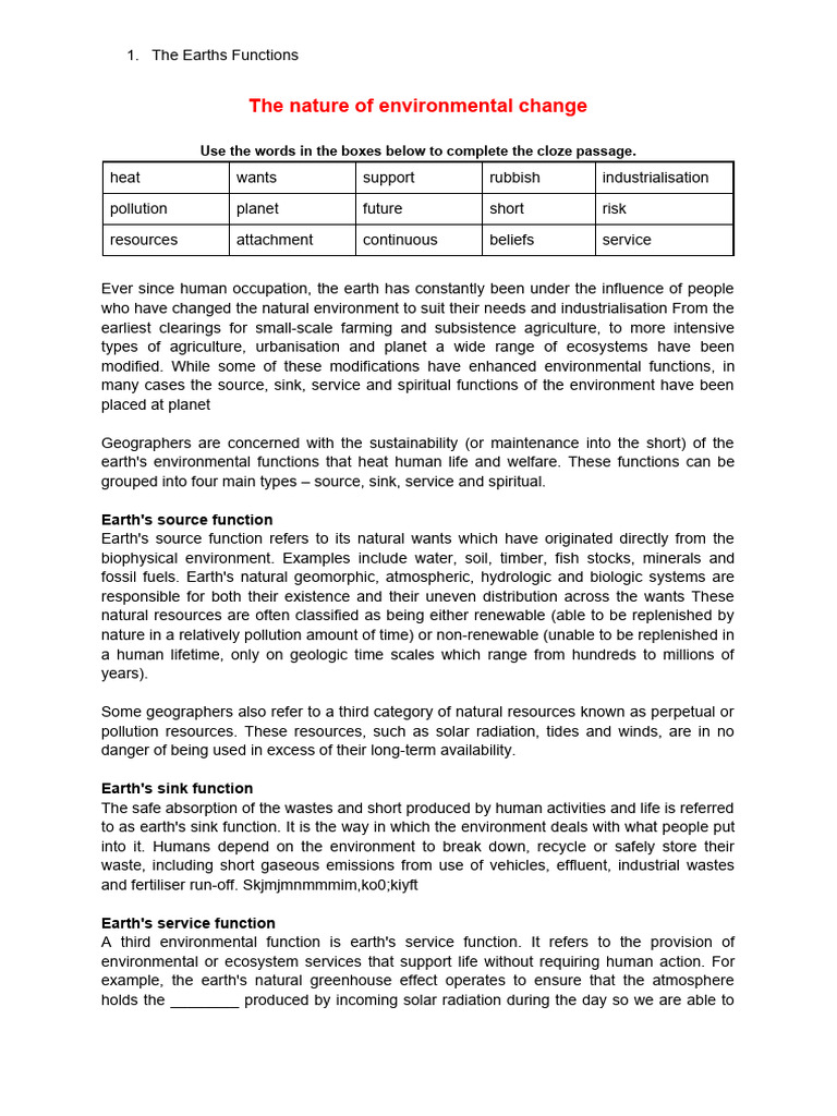 4b. Worksheet - The Earth's Functions | PDF | Earth | Natural Environment