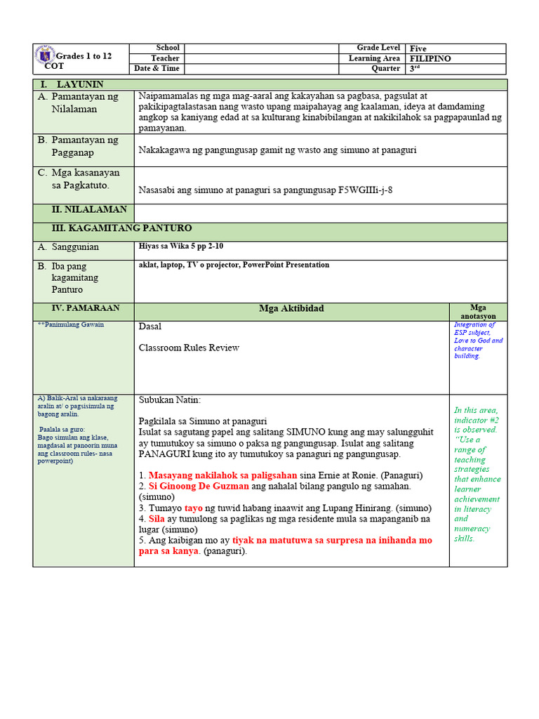 Fil 5 Q3 - w6 Nasasabi Ang Simuno at Panaguri Sa Pangungusap | PDF