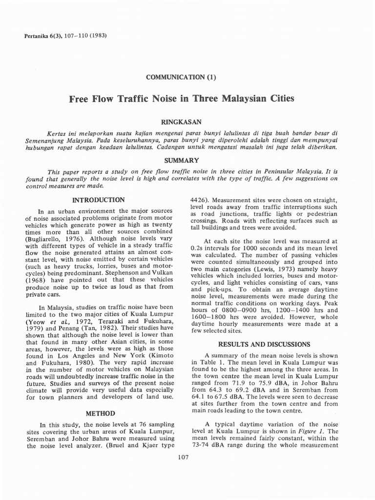 Free Flow Traffic Noise in Three Malaysian Cities | PDF | Noise | Traffic