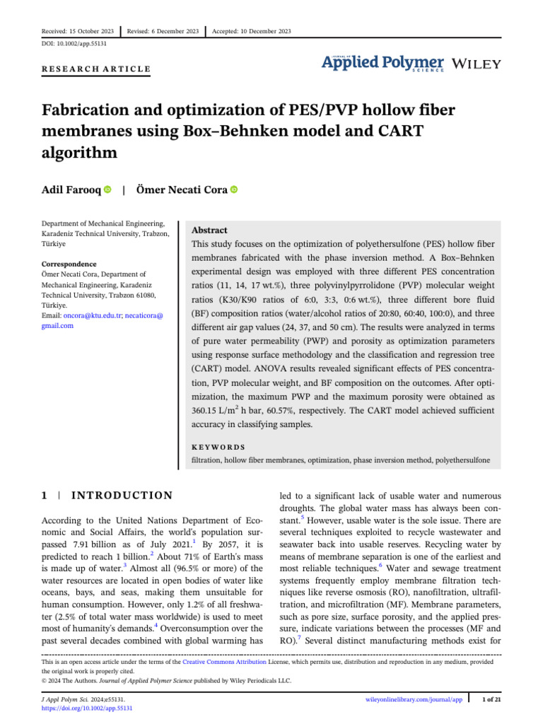 Fabrication and Optimization of PES PVP Hollow Fiber Membranes Using ...
