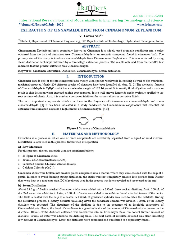 Cinnamaldehyde Extraction from Cinnamon | PDF | Distillation | Solubility