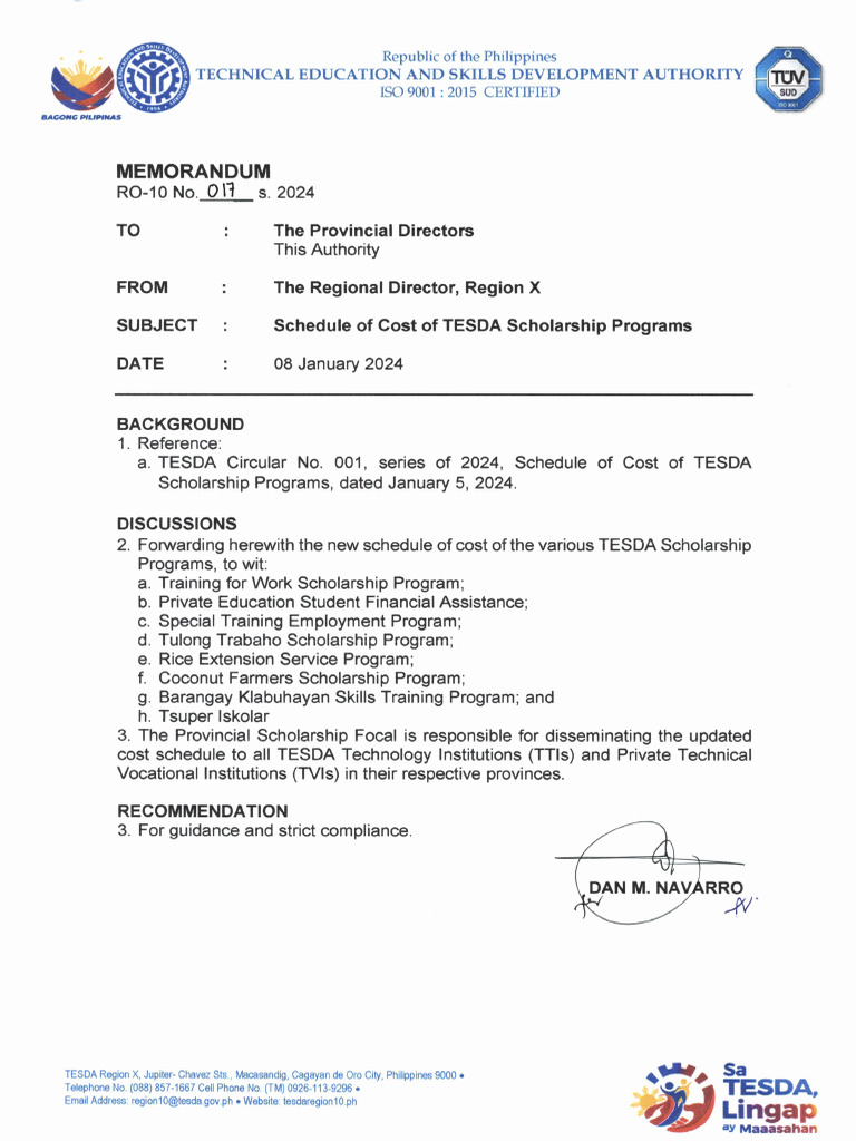 2024 Schedule of Cost of TESDA Scholarship Programs | PDF | Transport ...