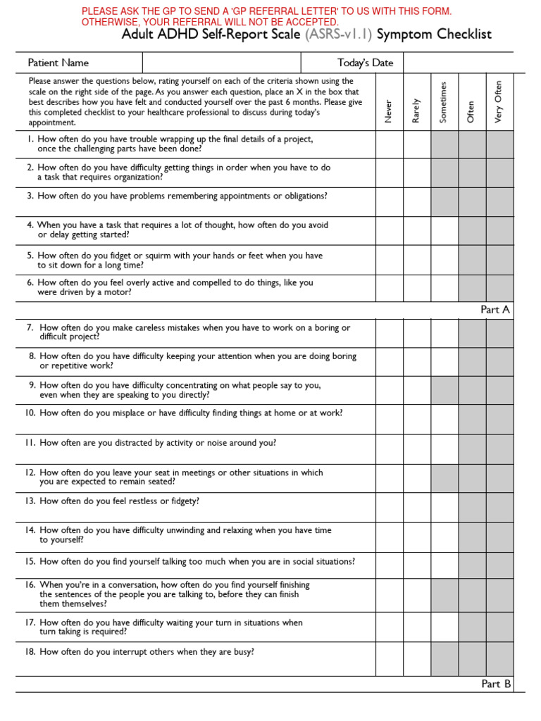 ADHD Questionnaire ASRS111 1 | PDF | Attention Deficit Hyperactivity ...
