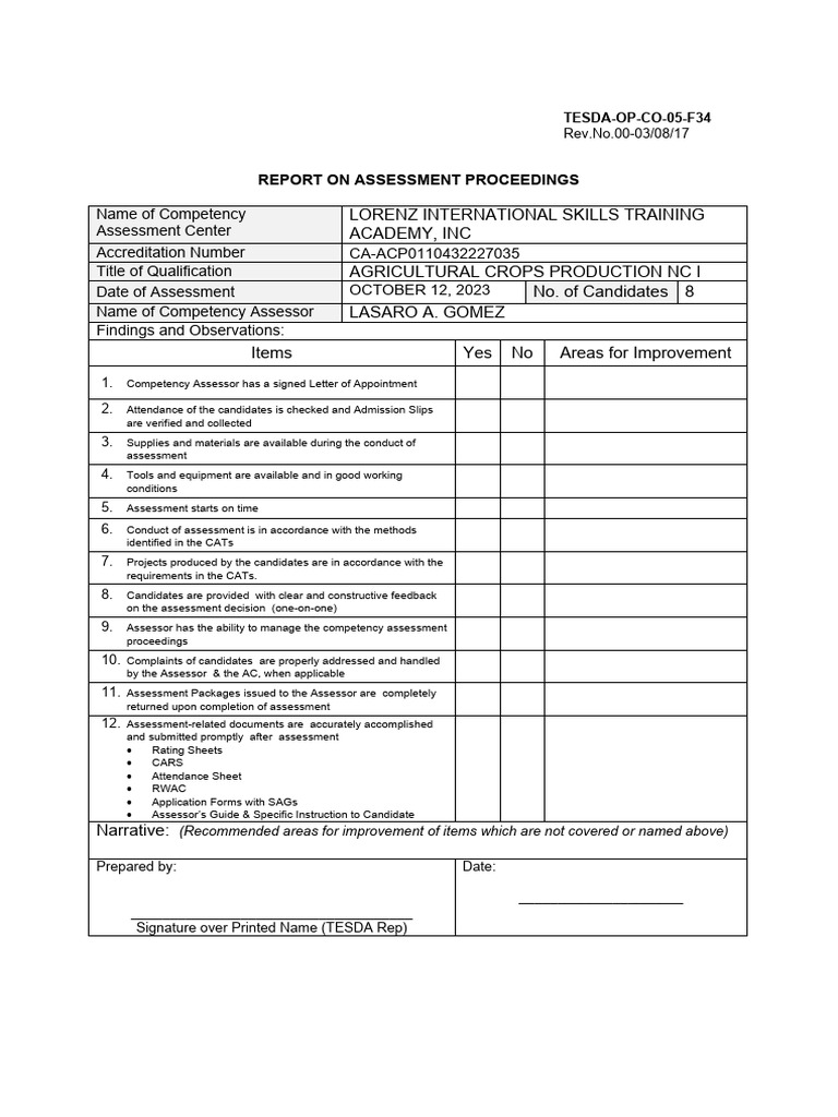 Tesda Op Co 05 F34 Report On Assessment Proceedings | PDF
