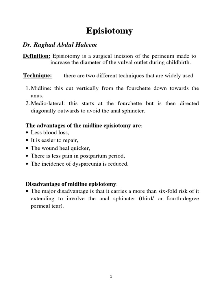 Episeotomy Procedure, Care, Complications | PDF | Clinical Medicine ...