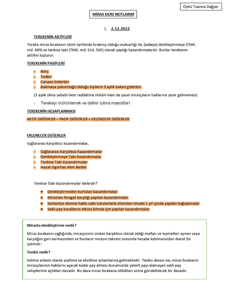 Miras Ders Notlarım SON HALİ | PDF