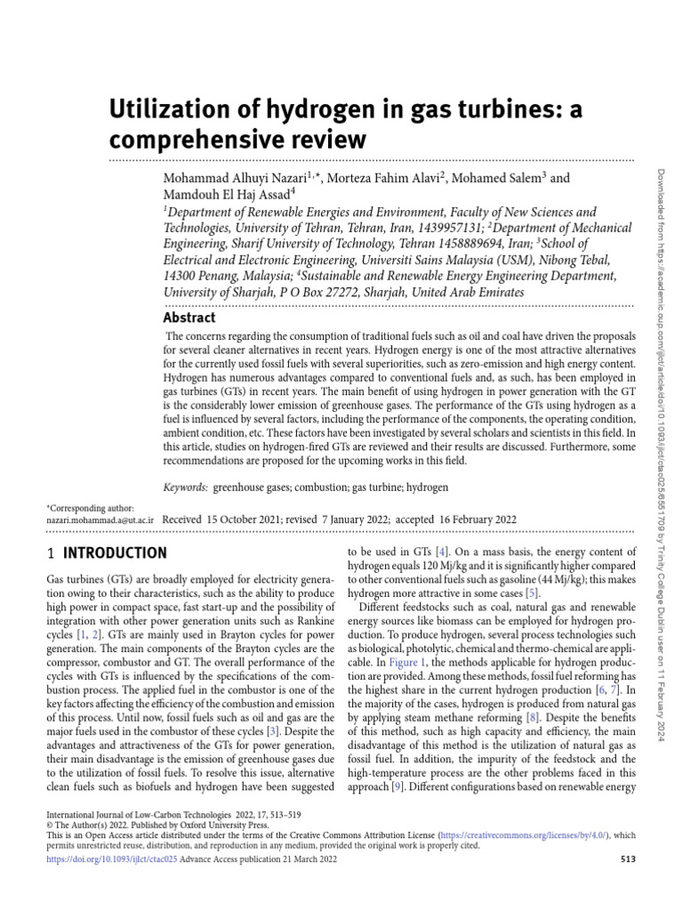 Hydrogen Utilization in Gas Turbines Review | PDF