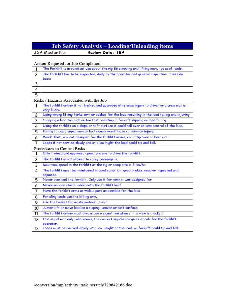 JSA Loading and Unloading Items Using Forklift | PDF