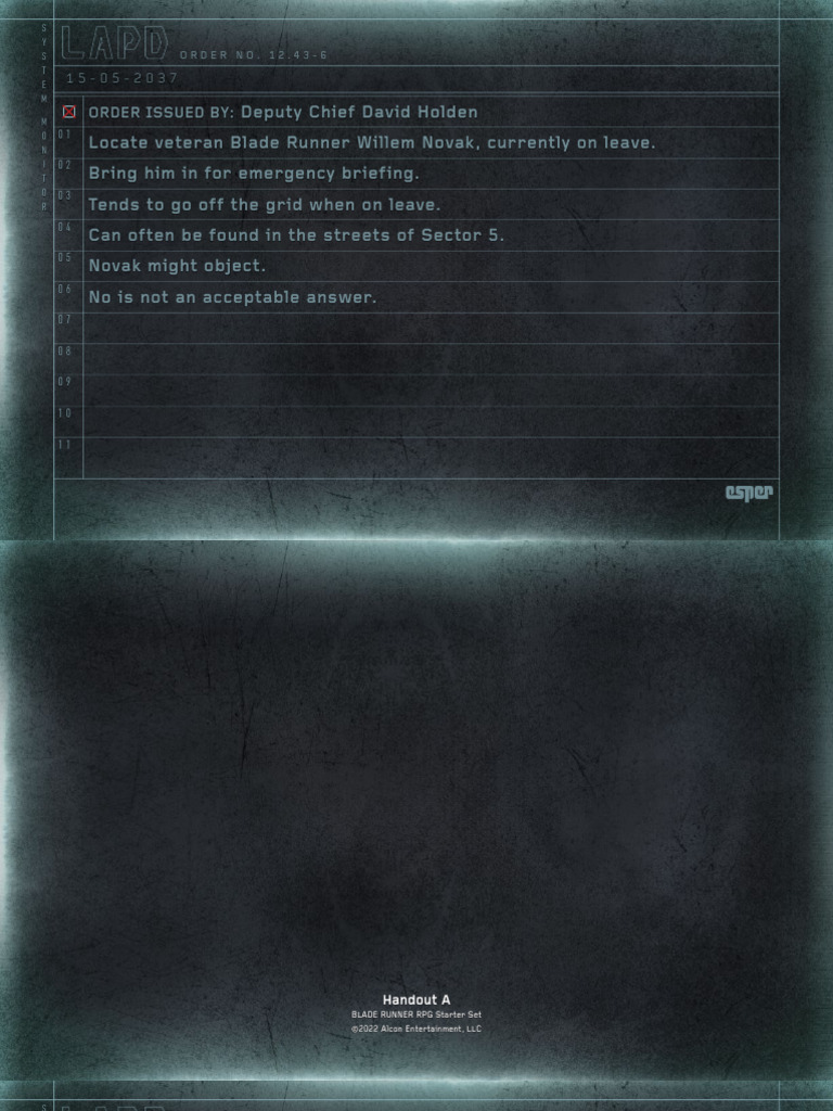 Blade Runner RPG Starter Set Small Handouts | Download Free PDF ...