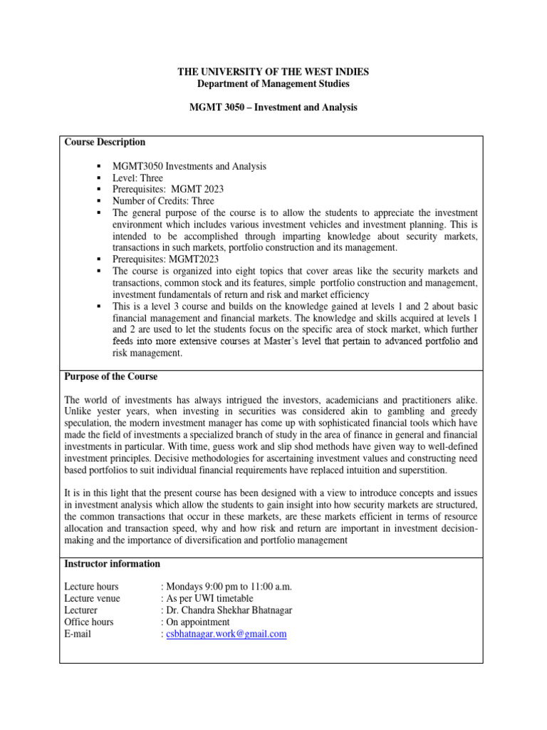Course Outline MGMT 3050 - Investment Analysis | PDF | Investing ...