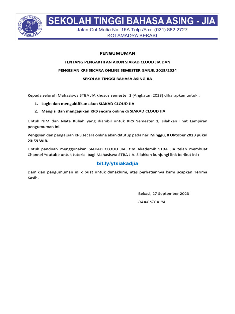 Pengumuman KRS 2023 - 2024 Sem1 | PDF
