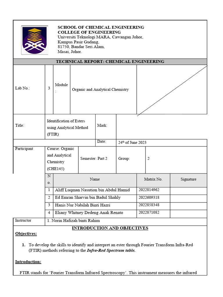 CHE145 FTIR Report | PDF | Infrared Spectroscopy | Infrared