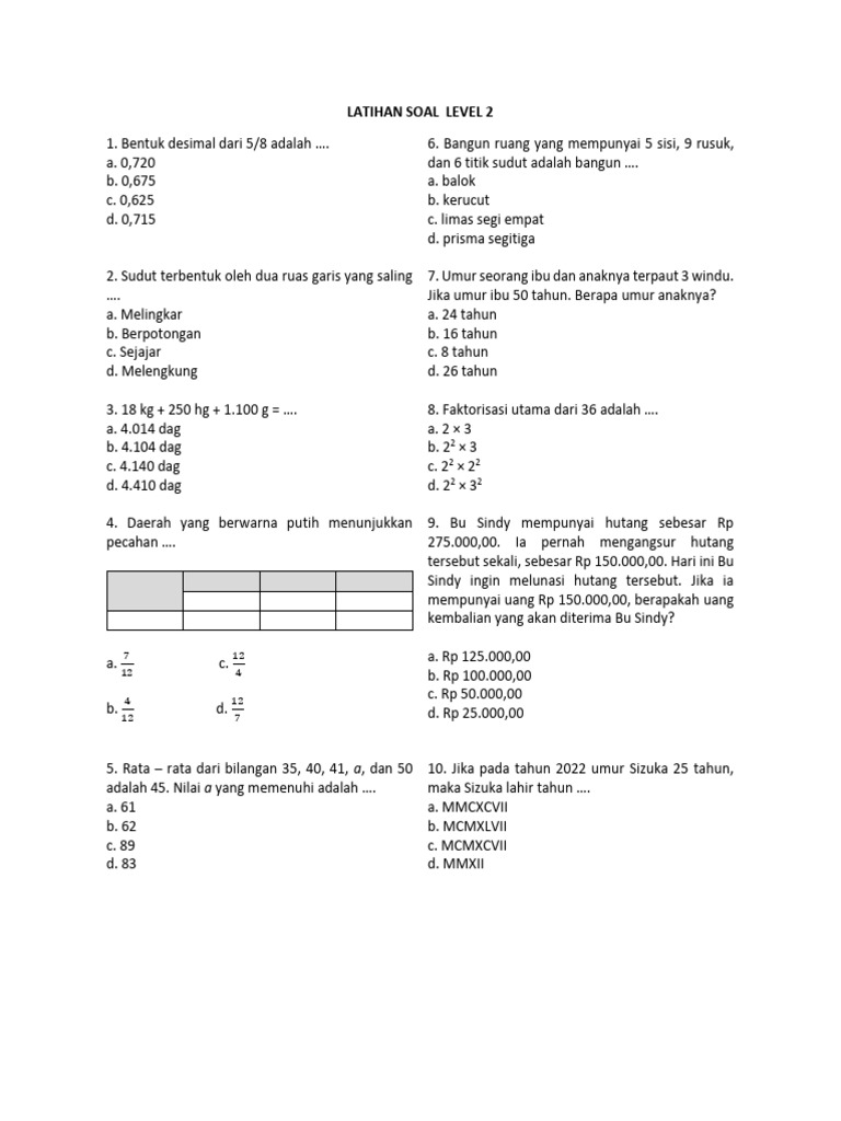 Latihan Soal Matematika Level 2 | PDF
