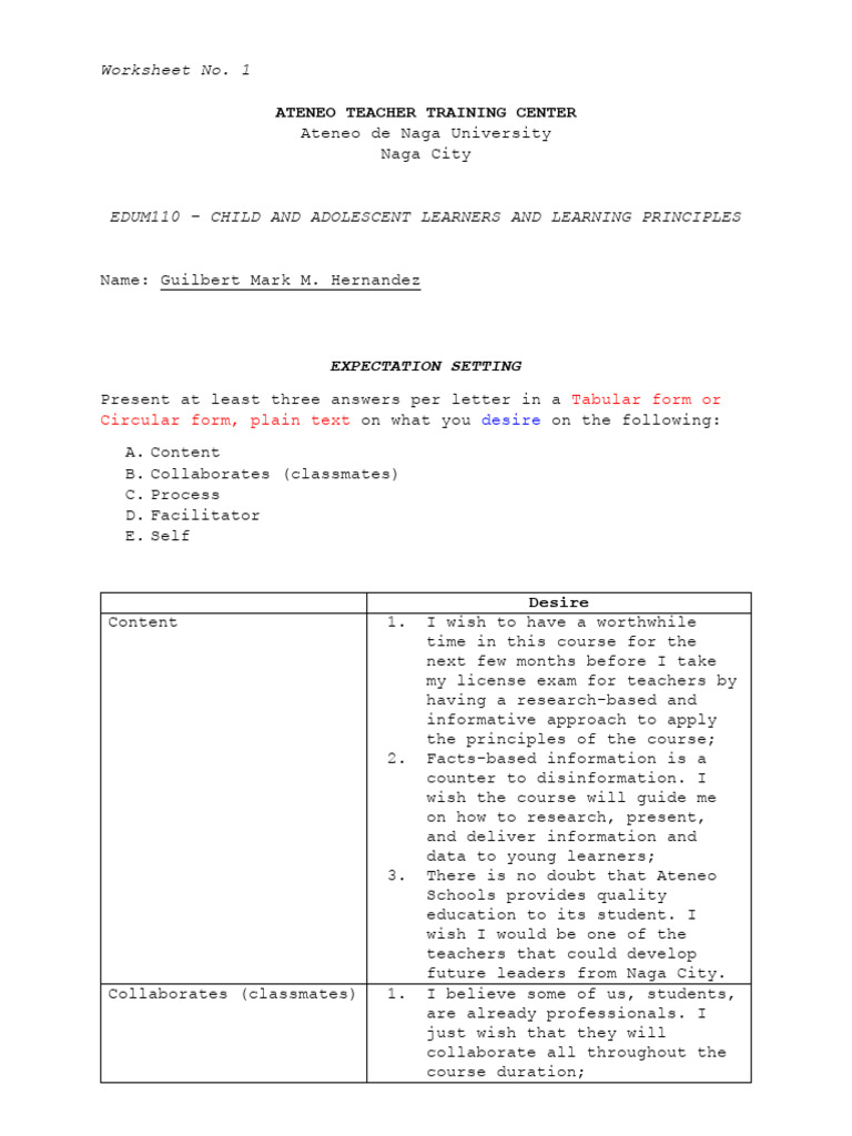 Teacher Training Expectations Worksheet | PDF | Teachers | Human ...