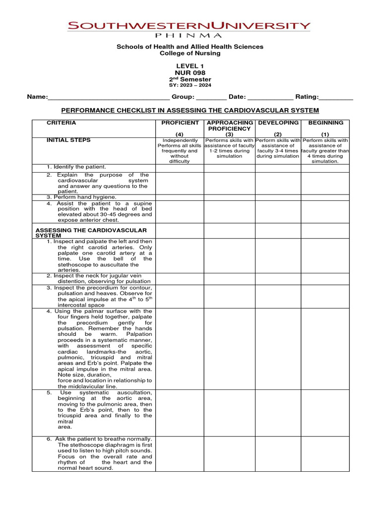 Performance Checklist in Assessing The Cardiovascular System | PDF ...