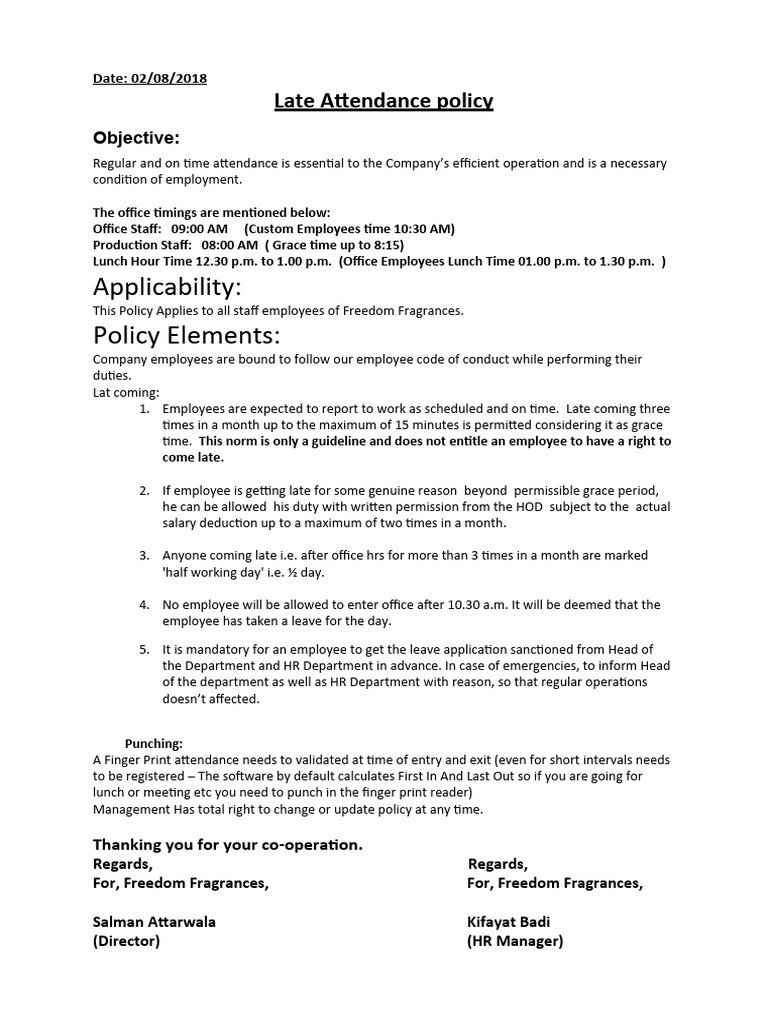 Late Attendance Policy | PDF | Employment | Justice