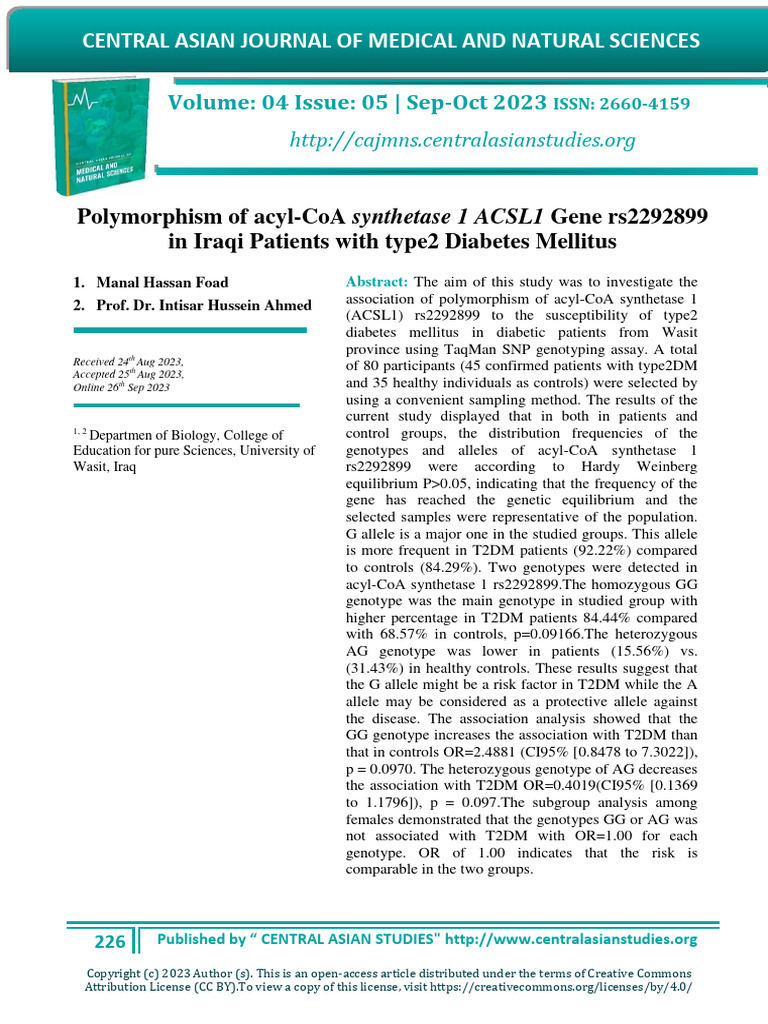 Polymorphism of acyl-CoA Synthetase 1 ACSL1 Gene rs2292899 in Iraqi ...