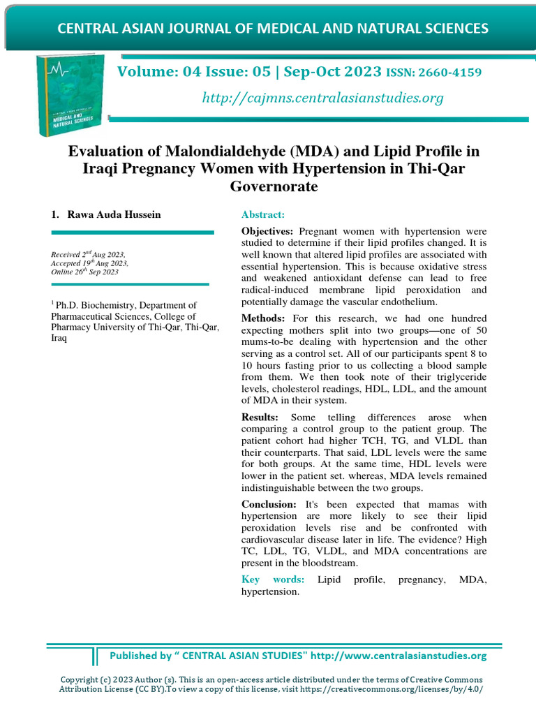 Evaluation of Malondialdehyde (MDA) and Lipid Profile in Iraqi Pregnancy Women With Hypertension ...