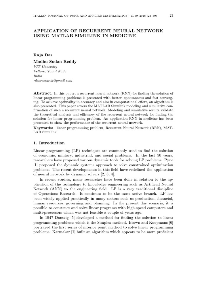 Application of Recurrent Neural Networkusing Matlab Simulink in Medicine | PDF