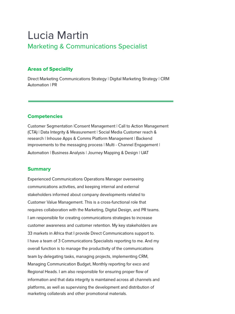 Lucia Martin Resume - Sep 2023 | PDF | Marketing | Customer ...