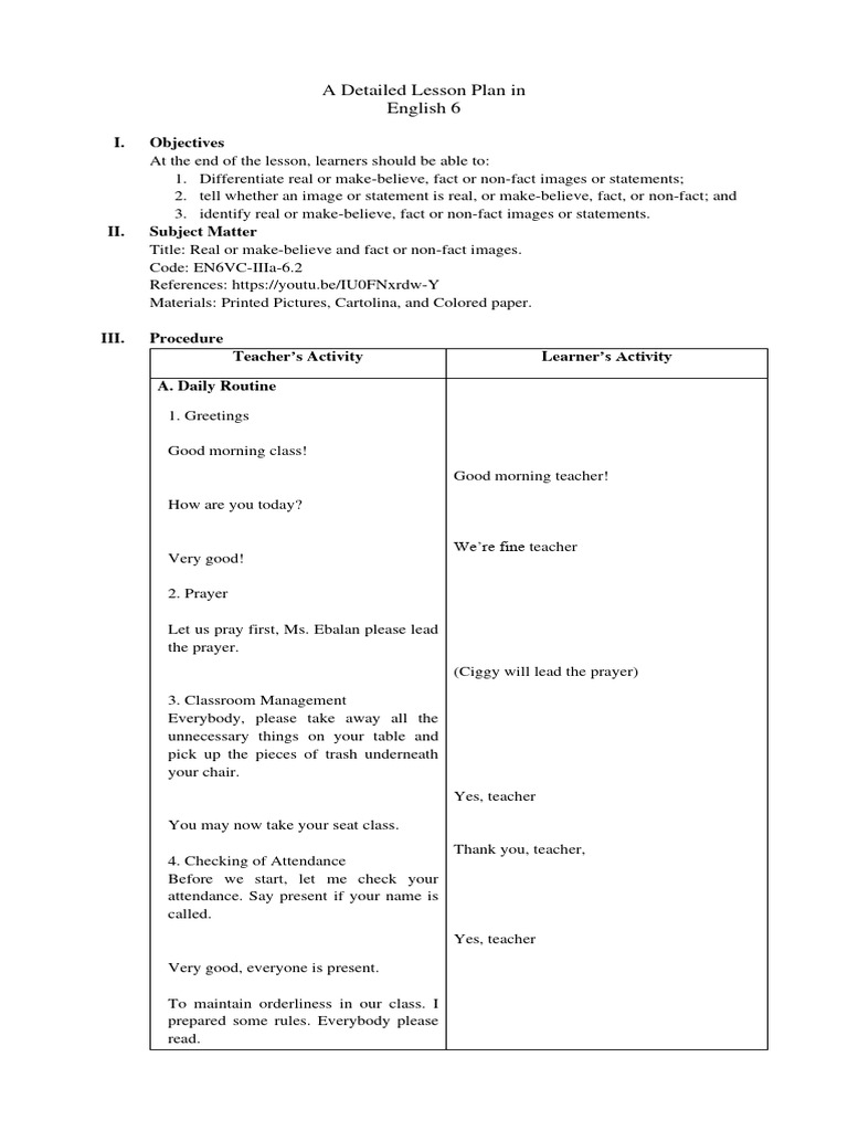 A Detailed Lesson Plan in English 6: I. Objectives | PDF | Idiom | Learning