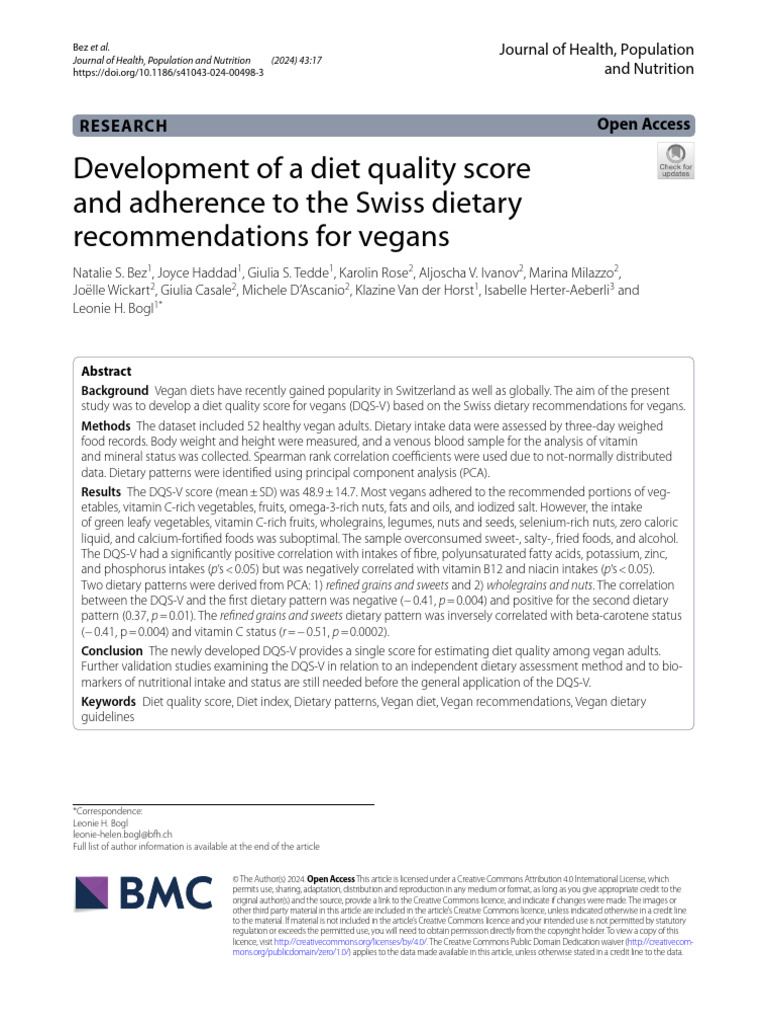 Development of A Diet Quality Score and Adherence To The Swiss Dietary Recommendations For ...