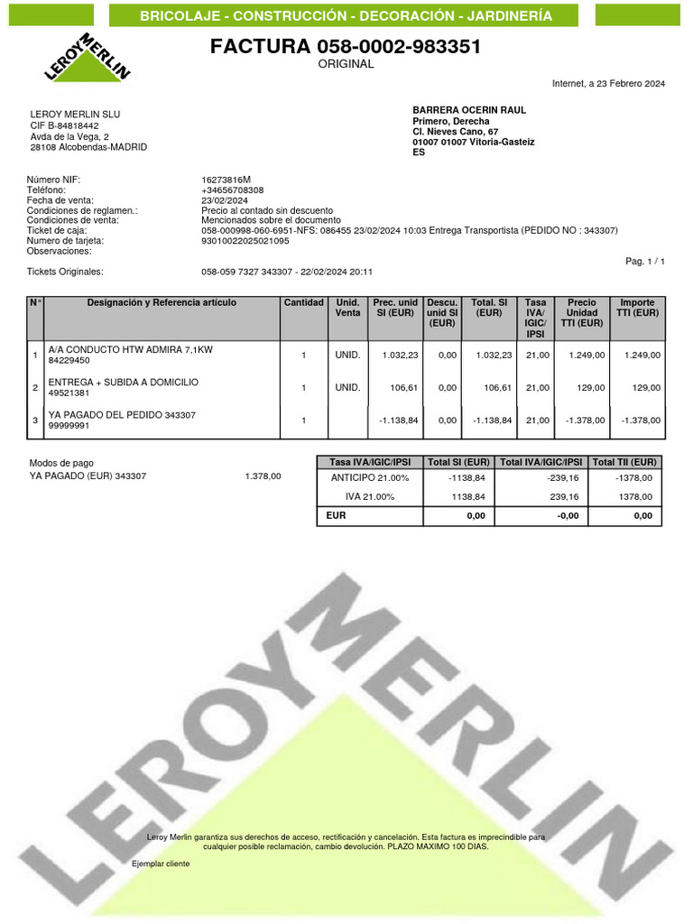 FACTURA 058-0002-983351: Original | PDF