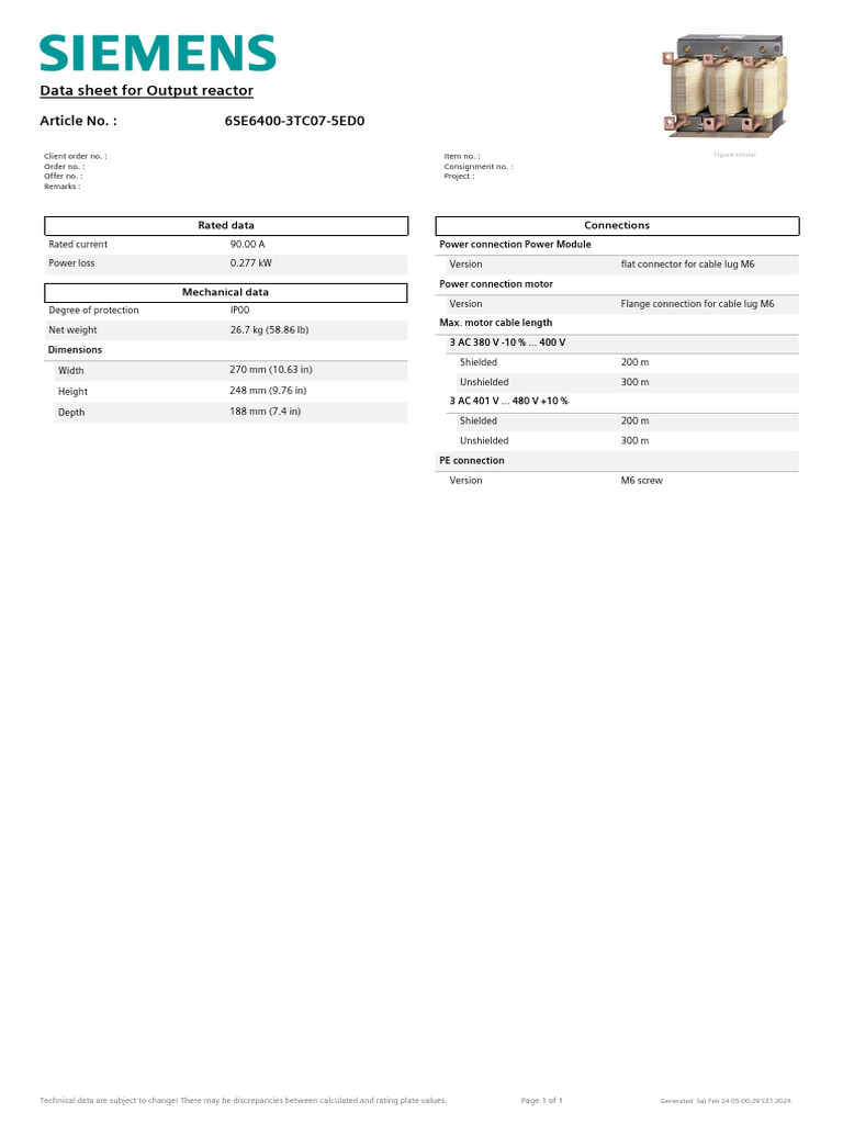 Output Reactor Data Sheet 6SE6400-3TC07 | PDF | Electrical Connector ...