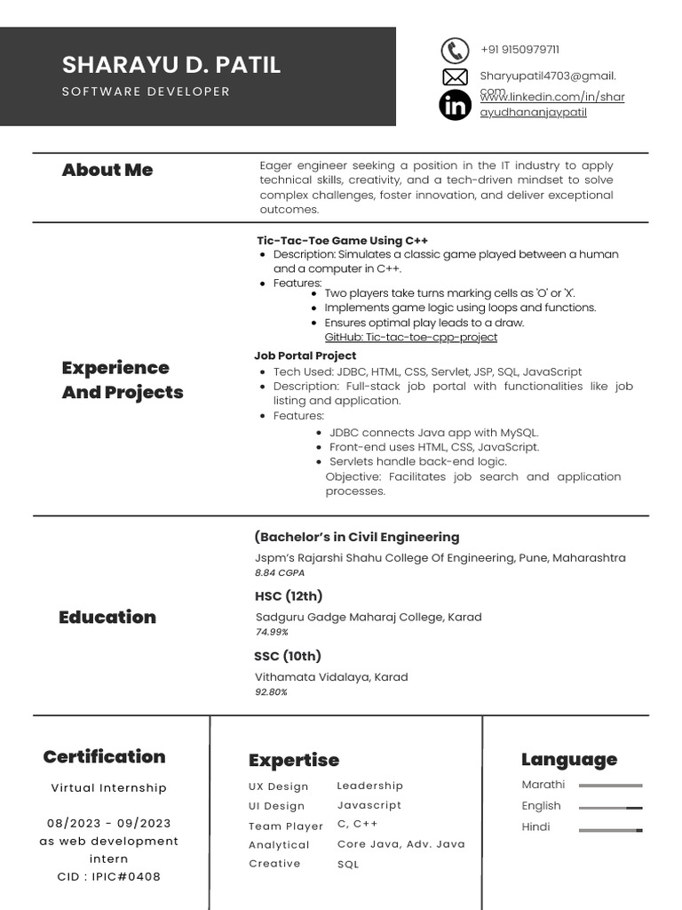 Resume Sharayu Patil | PDF | Java (Programming Language) | Application Software
