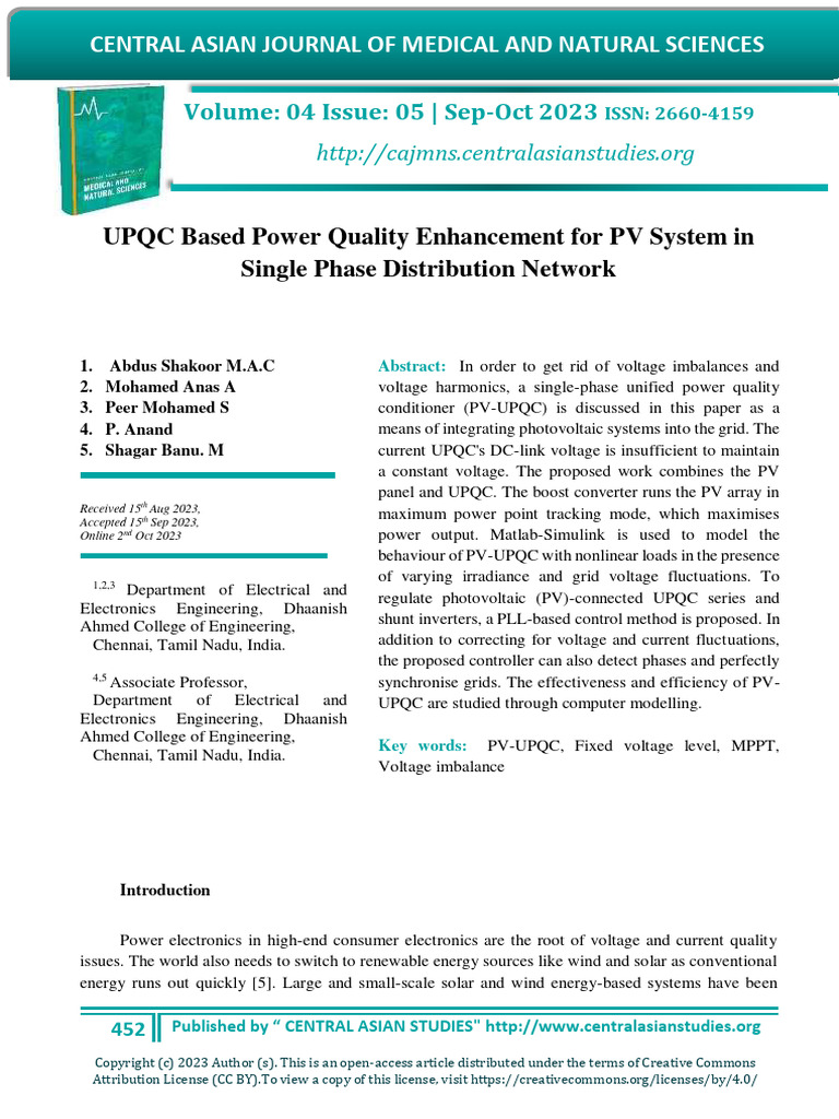 UPQC Based Power Quality Enhancement for PV System in Single Phase Distribution Network | PDF ...