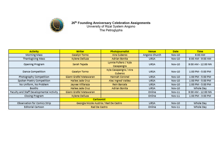 26th Founding Anniversary Celebration Assignments | PDF | Cartooning ...