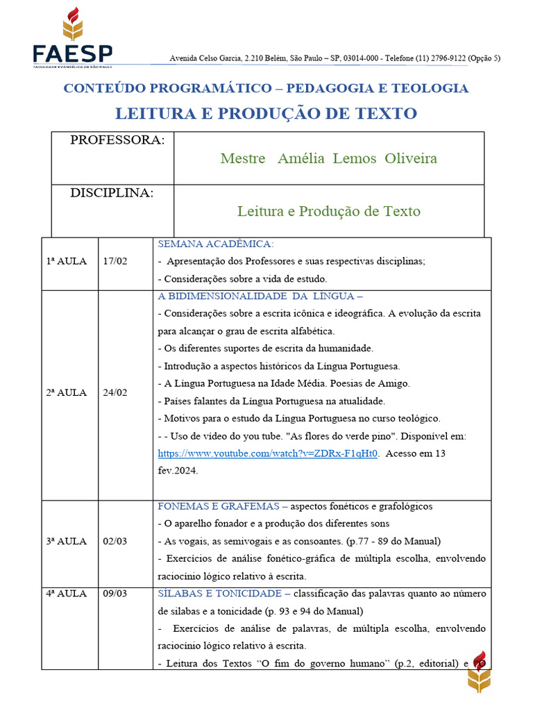 Conteudo Programatico-2024 Leitura e Producao de Texto - Integral | PDF | Assunto (gramática ...