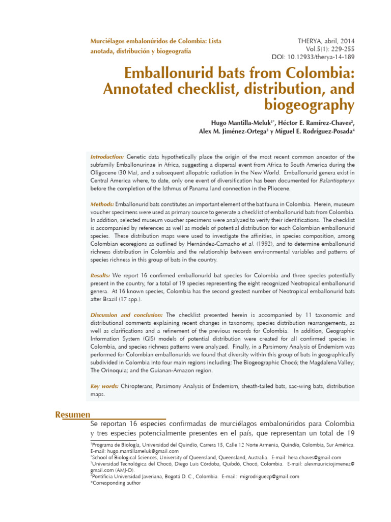 Emballonurid Bats From Colombia: Annotated Checklist, Distribution, and ...