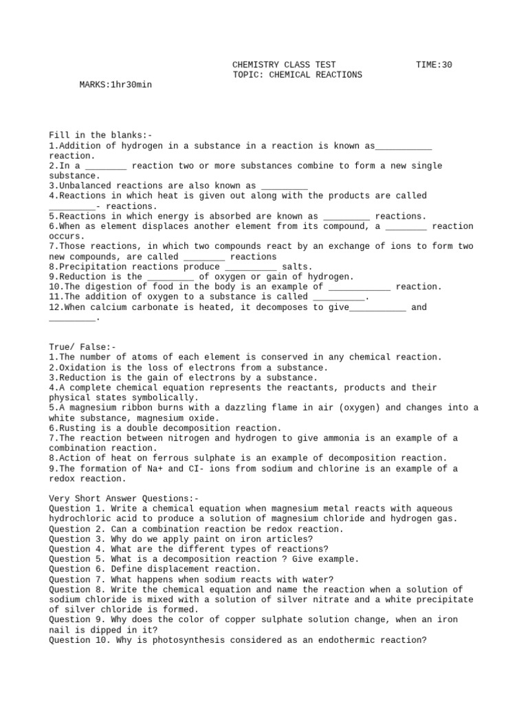 Chemistry Chemical Reaction 10 | PDF