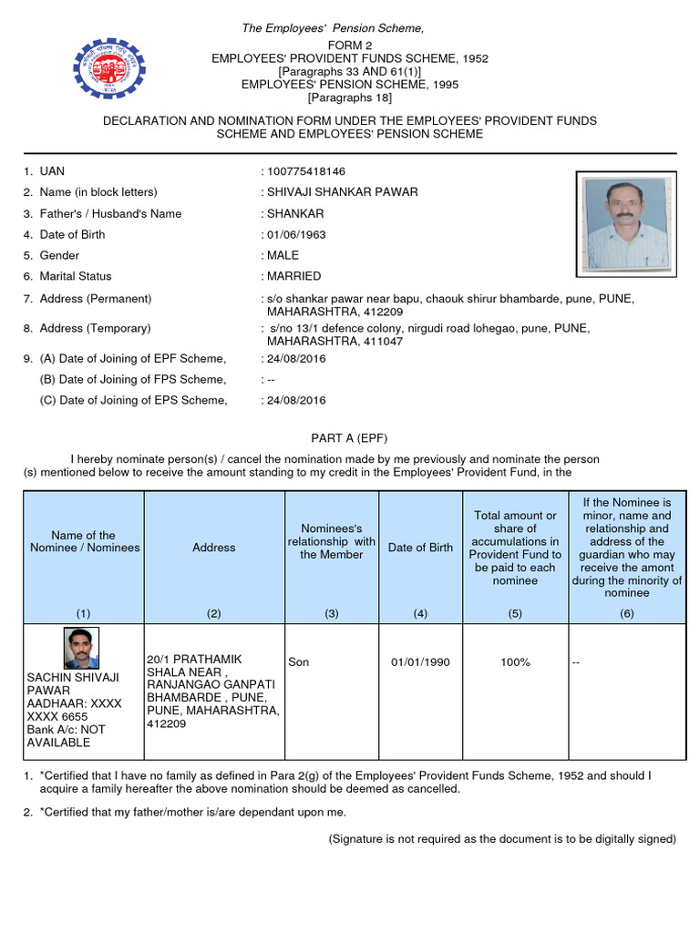EPF and EPS Nomination Form Guide | PDF | Retirement | Pension